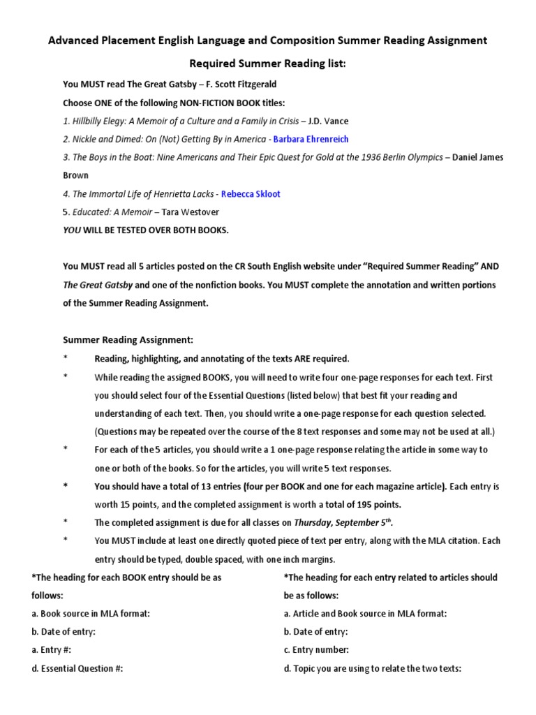 Advanced Placement English Language and Composition Summer Reading ...