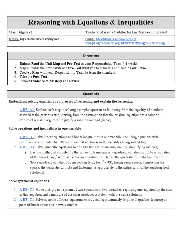 Reasoning With Equations Inequalities Unit Map | PDF | Equations ...