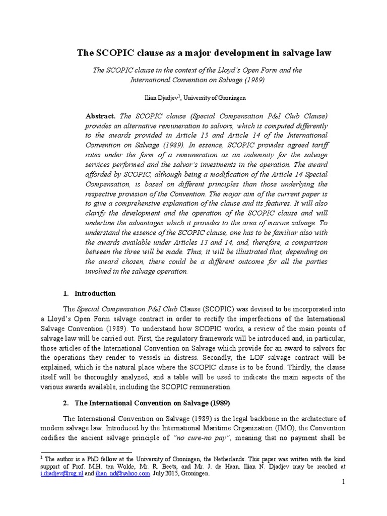 The SCOPIC Clause As A Major Development in Salvage Law | PDF | Marine ...