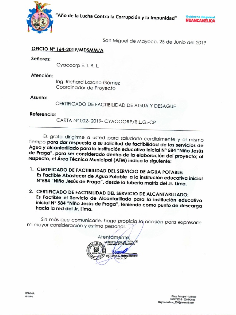 Certificado de Factibilidad de Agua y Desague | PDF