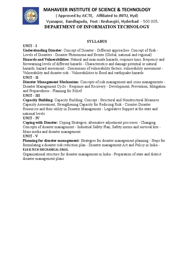 Disaster Management Syllabus | PDF | Hazards | Emergency Management