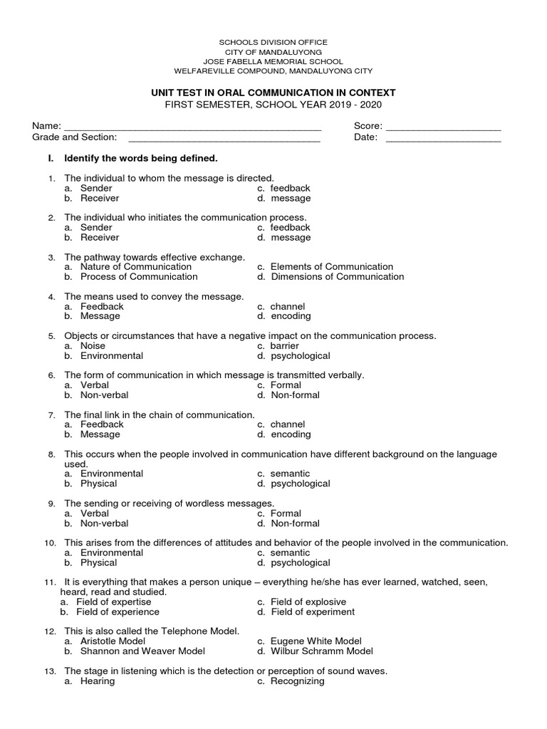 Unit Test on Oral Communication | PDF | Interpersonal Communication ...