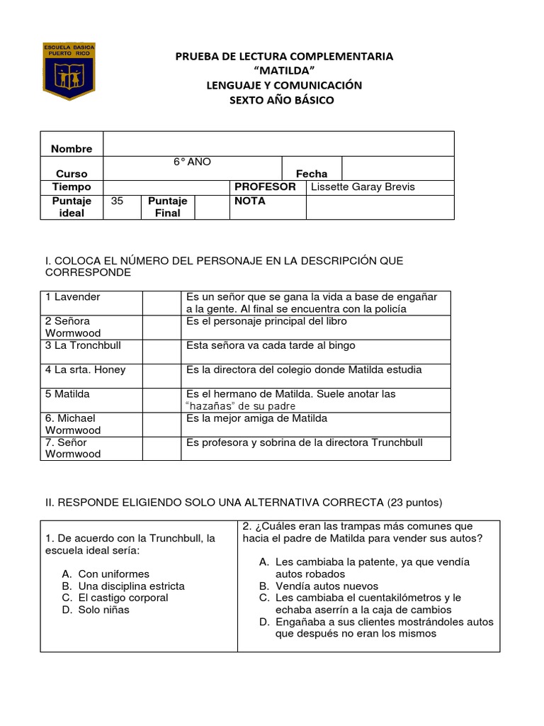 Prueba Matilda 6to | PDF
