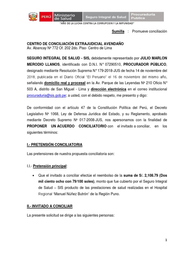 Solicitud de Conciliación Mario Mamani Vilca y Marina Vilca Pari | PDF ...