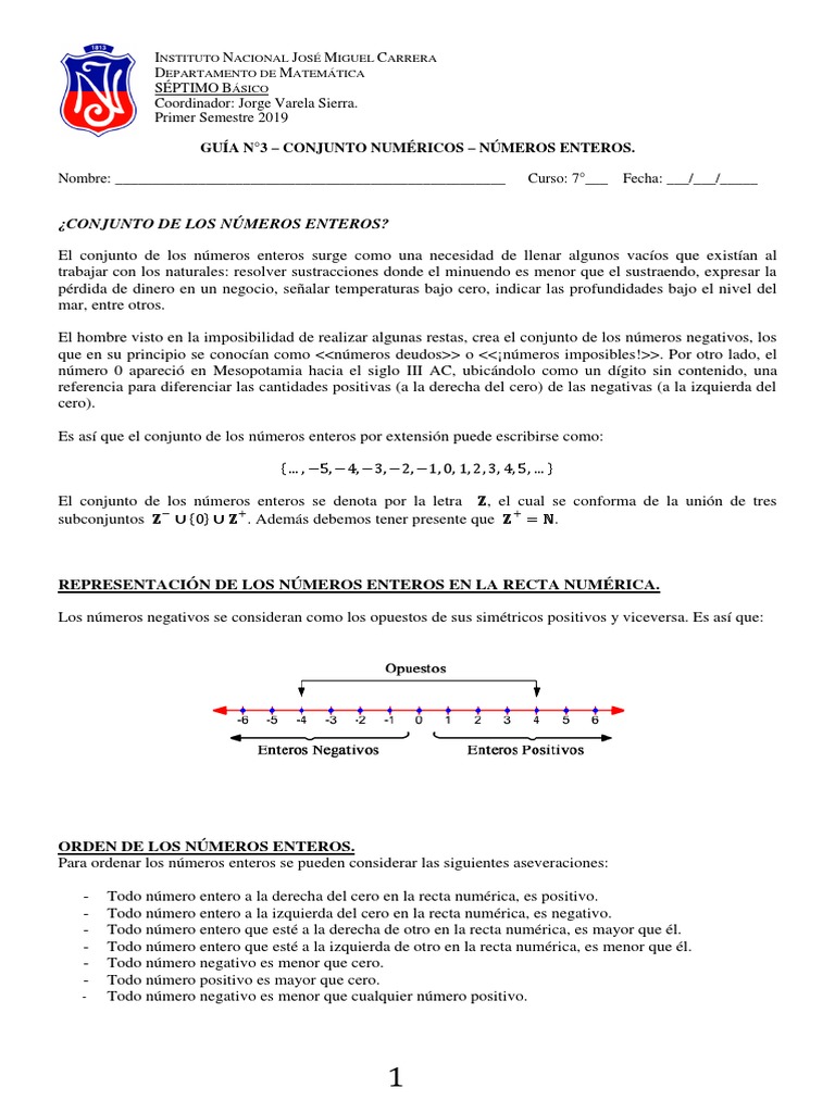 Guía de Números Enteros para Séptimo Básico | PDF | Entero | División ...