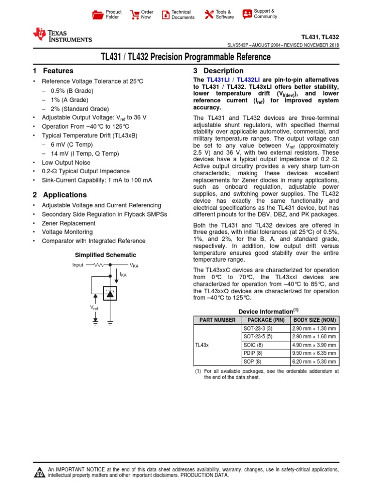 TL431 / TL432 Precision Programmable Reference: 1 Features 3 ...