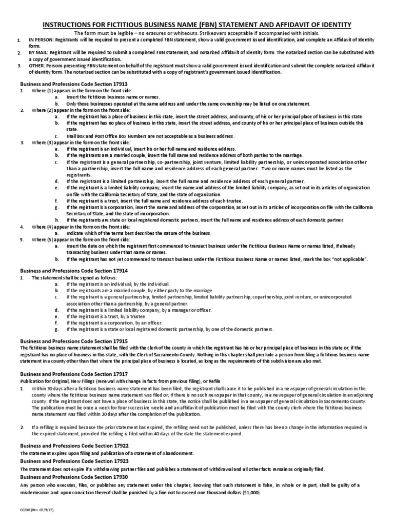 Instructions For Fictitious Business Name (FBN) Statement and Affidavit ...