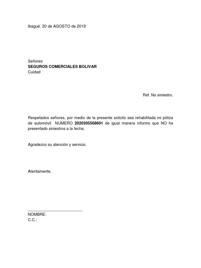 CARTA DE NO SINIESTRO.docx | Riesgo financiero | Seguro