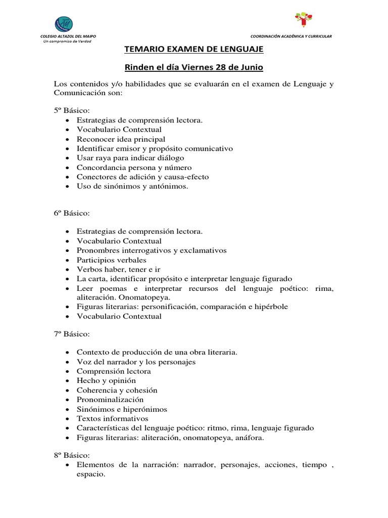 Temario para Examen de LENGUAJE | PDF | Comprensión lectora | Lingüística