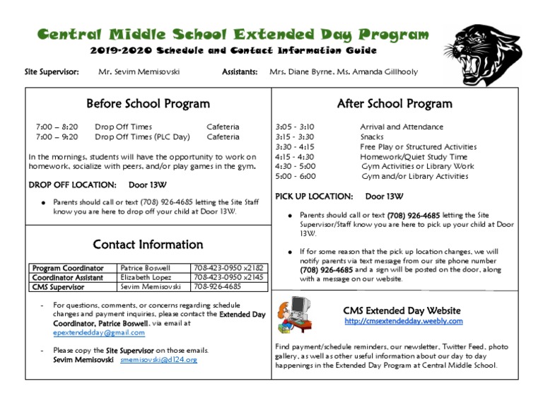 Cms Extended Day Schedule and Contact Info 2019-2020-3 | PDF