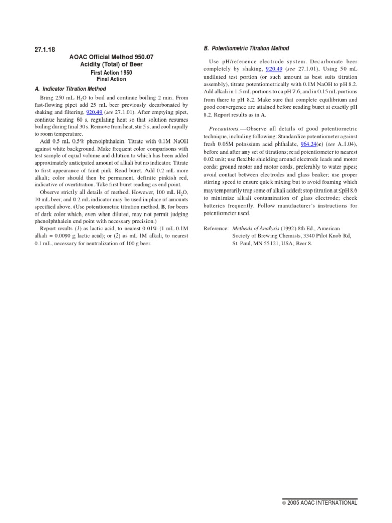 Acidity (Total) in Beer | Download Free PDF | Ph | Titration