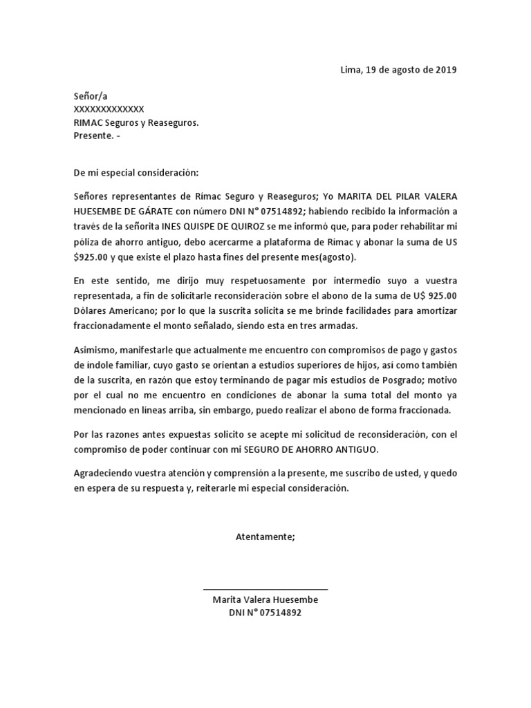 Ultima Version - Carta Marita-Rimac-Reconsideración Pago-2019 | PDF ...