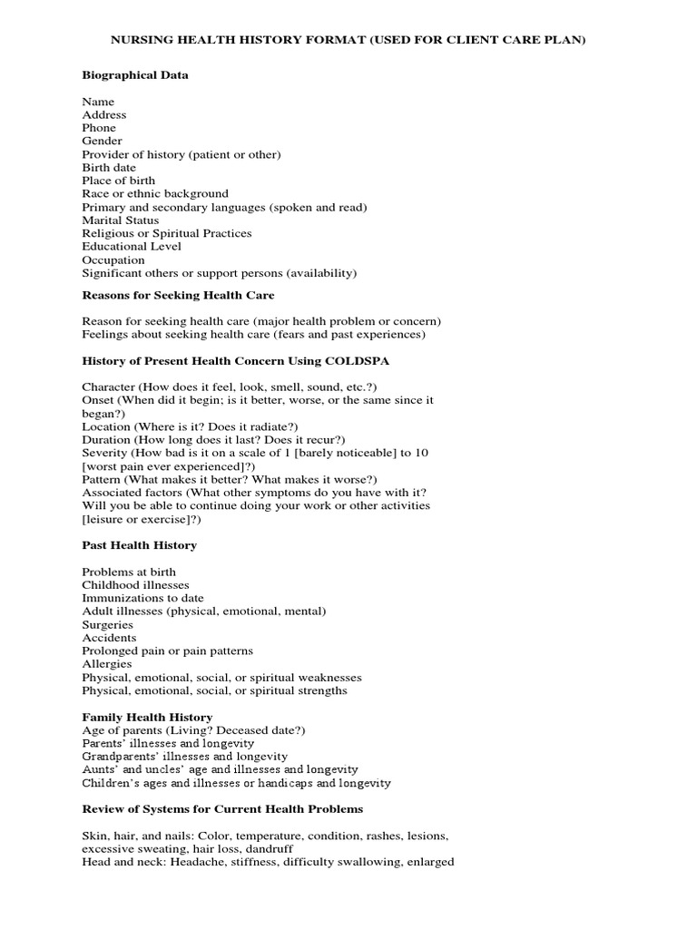 Nursing Health History Format (Used For Client Care Plan) | PDF | Edema ...