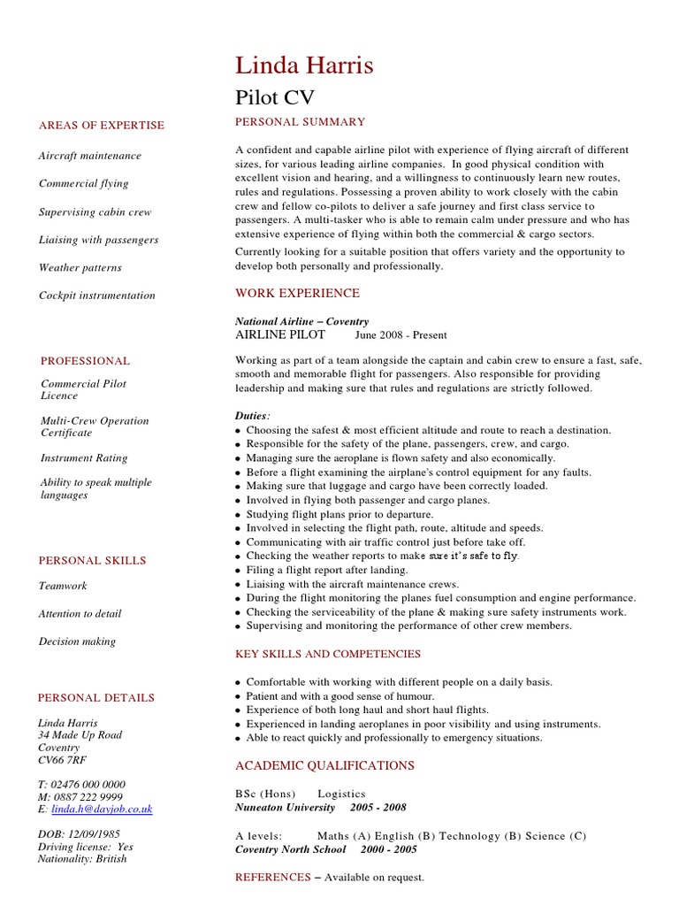 Pilot CV Template PDF | Download Free PDF | Flight Attendant | Airlines