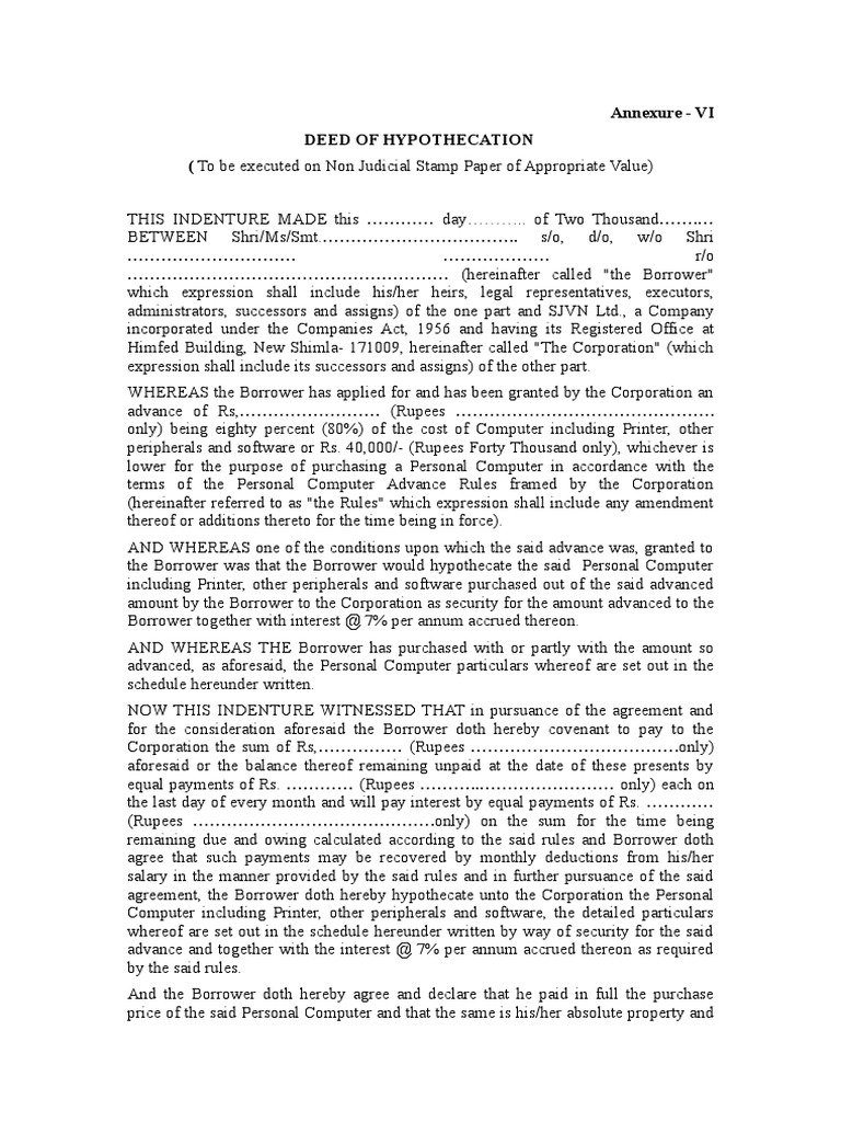 Deed of Hypothecation for Securing a Personal Computer Loan from SJVN ...