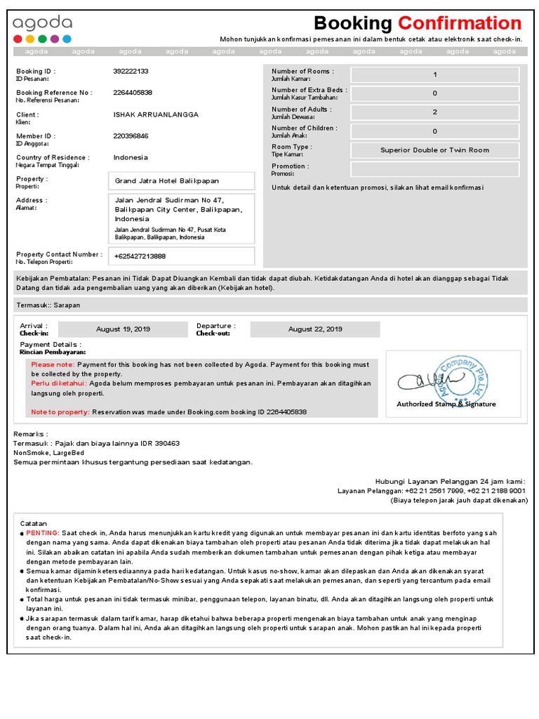 Agoda Confirmed Booking at (Hotelname) | PDF