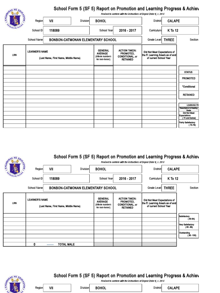 School Form 5 (SF 5) Report On Promotion and Learning Progress ...