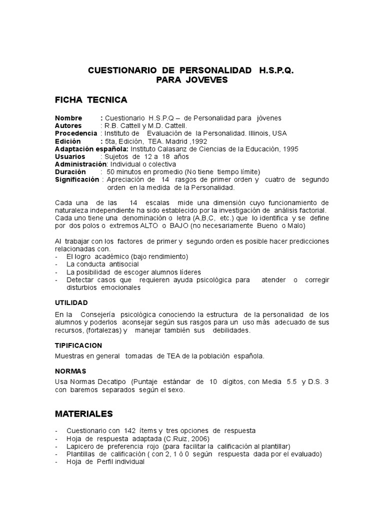 Test HSPQ | PDF | Validez (Estadísticas) | Inteligencia