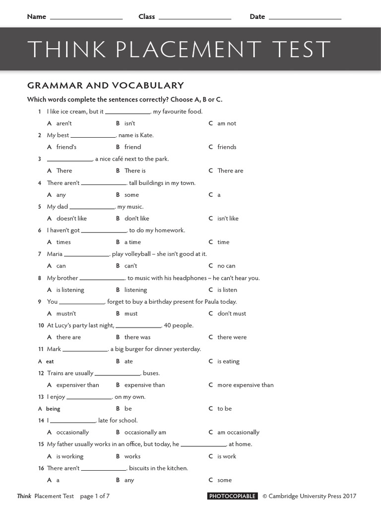Think Placement Test: Grammar and Vocabulary | PDF