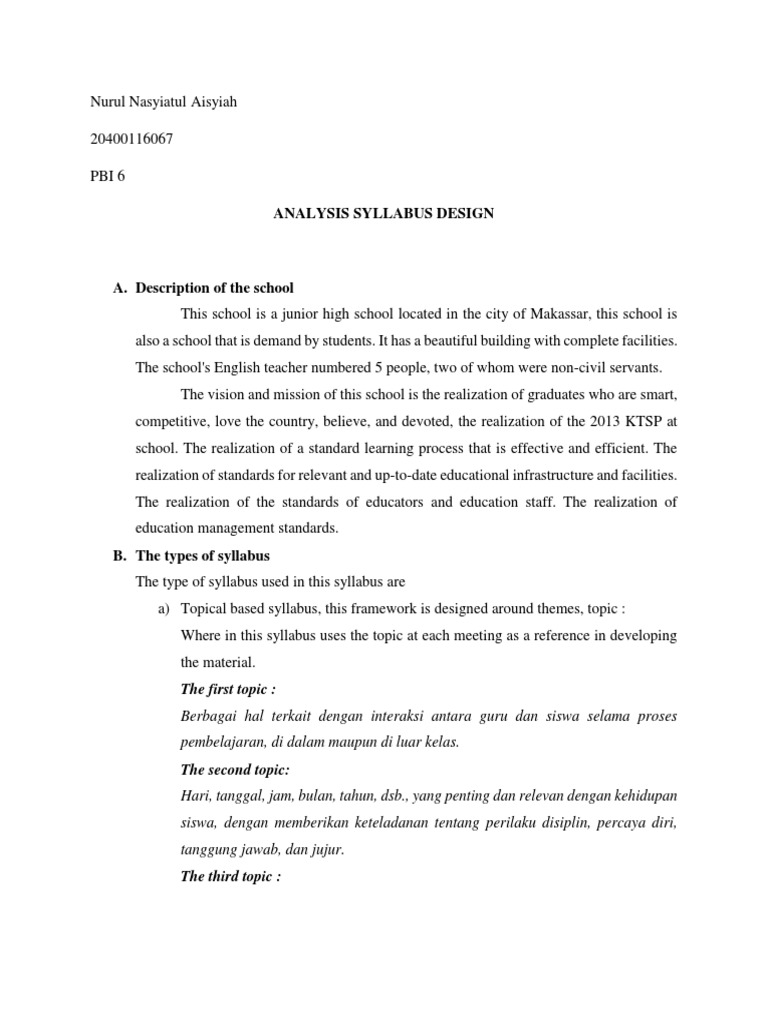 Analysis Syllabus Design: The First Topic | PDF | Learning | Teachers