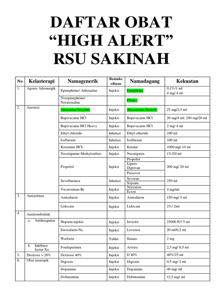 Daftar Obat High Alert RSU Sakinah | PDF