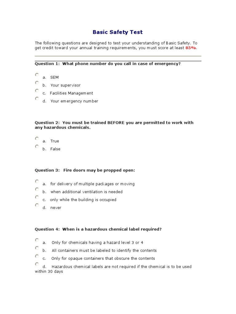 Assessing Basic Safety Knowledge: A 20-Question True/False Safety Test ...