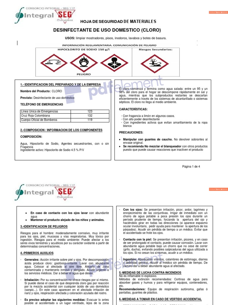 MSDS CLORO | Cloro | Agua