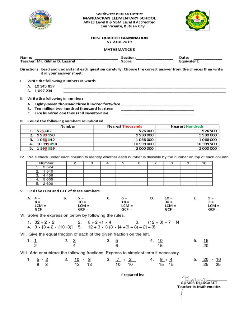 1st Quarter Exam Math 5 2019 | PDF | Fraction (Mathematics) | Teaching ...