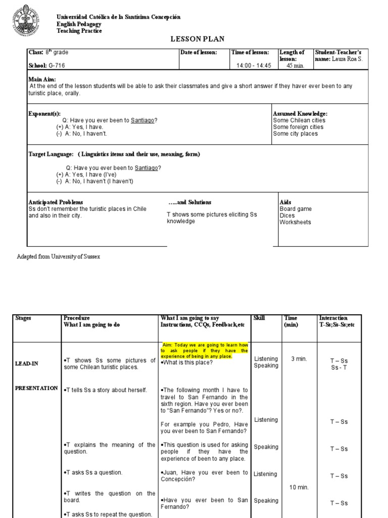 PPP Lesson Plan Teaching Practice 7 Simon Bolivar | PDF | Question ...