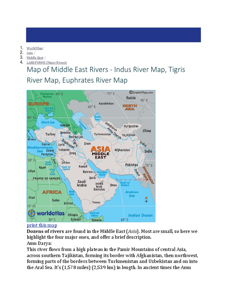 Map of Middle East Rivers - Indus River Map, Tigris River Map ...