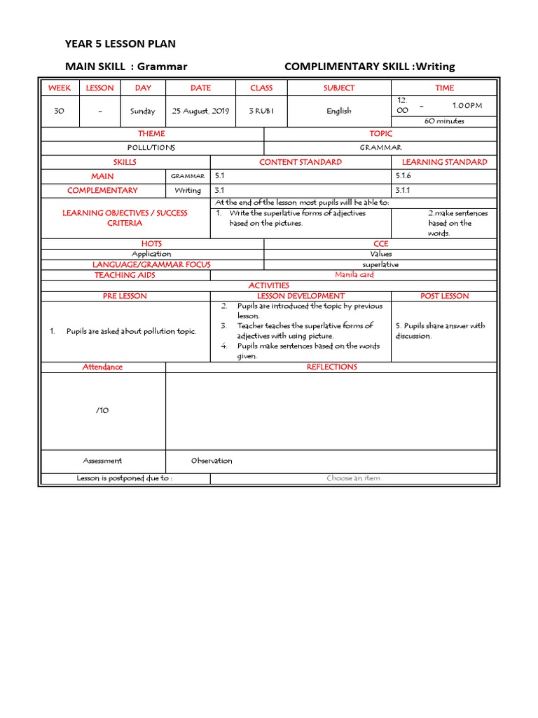Year 5 Lesson Plan Main Skill: Grammar Complimentary Skill:Writing ...