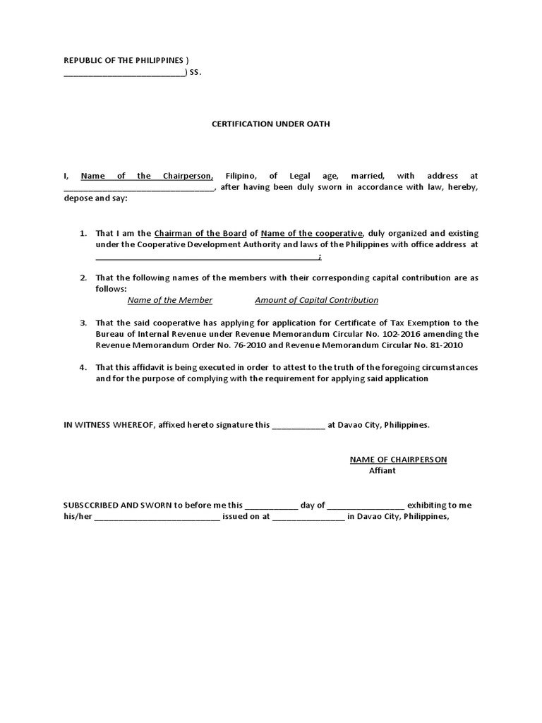 Certification Of The Oath Of List Of Cooperative Members PDF