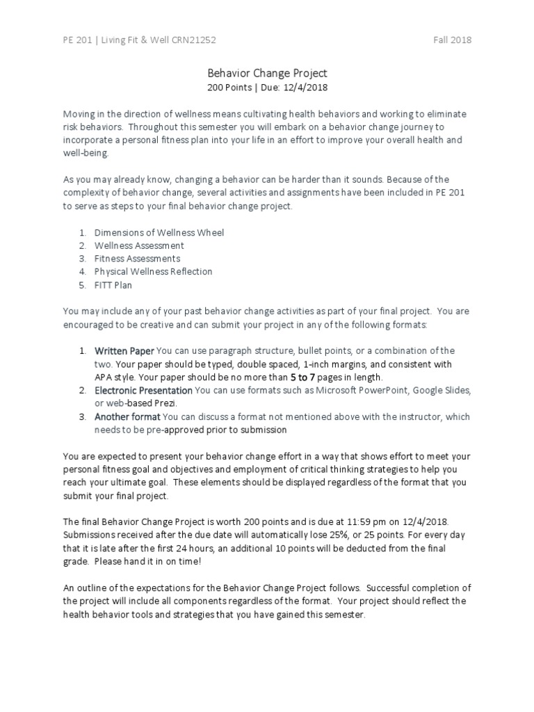 Behavior Change Project: PE 201 - Living Fit & Well CRN21252 Fall 2018 ...