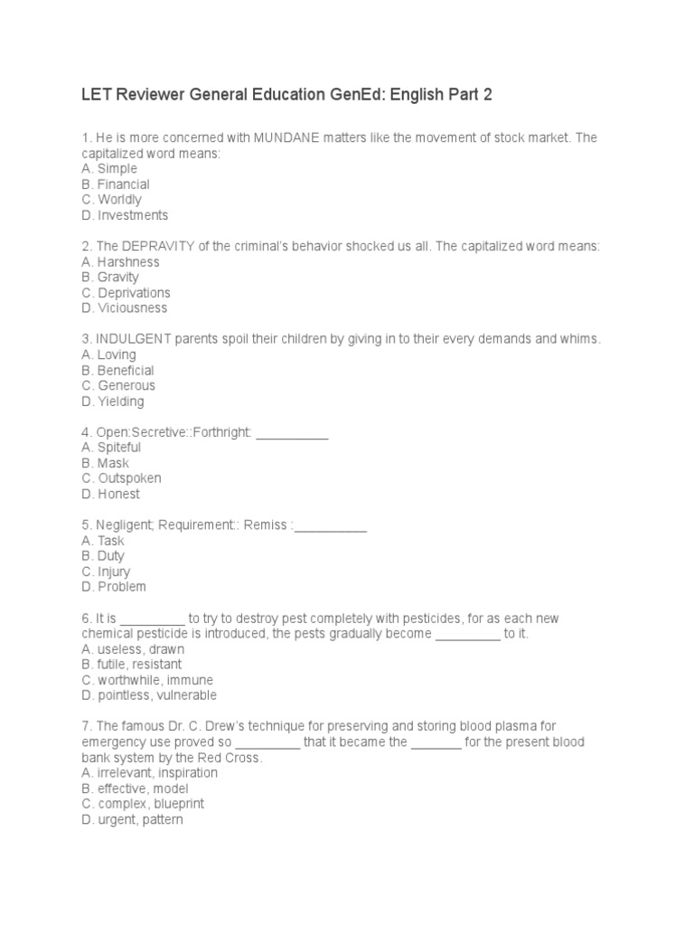 Gen Ed LET Reviewer: English Part 2 | PDF | Meat | Retirement