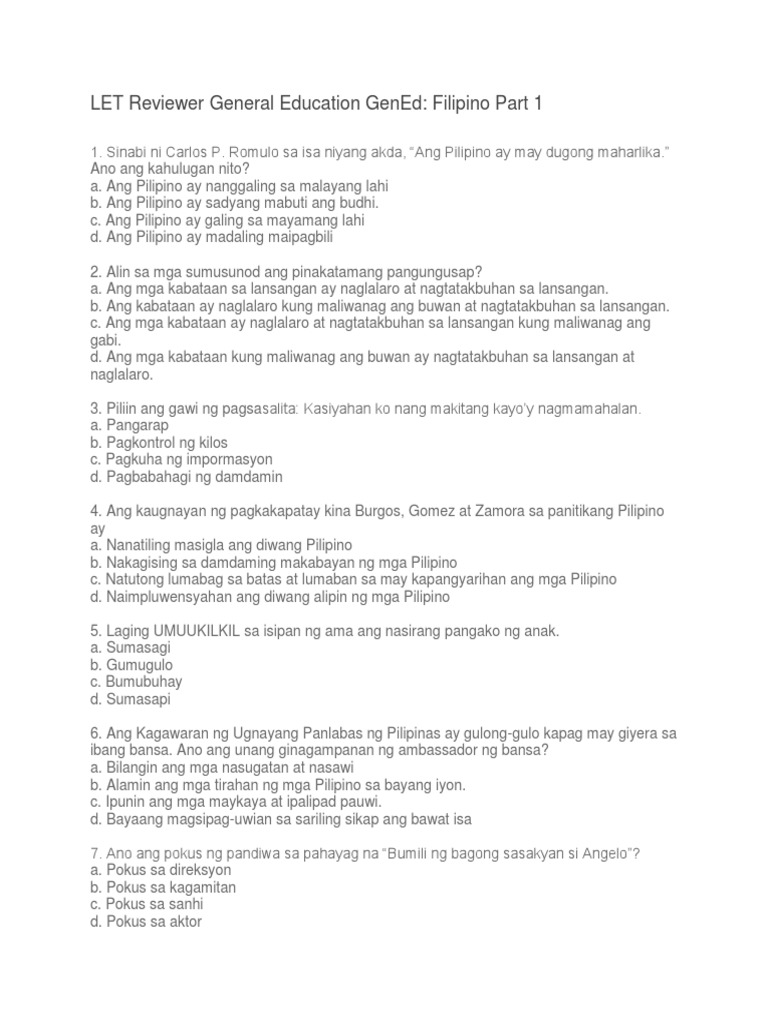 LET Reviewer General Education GenEd Filipino Part 1 | PDF