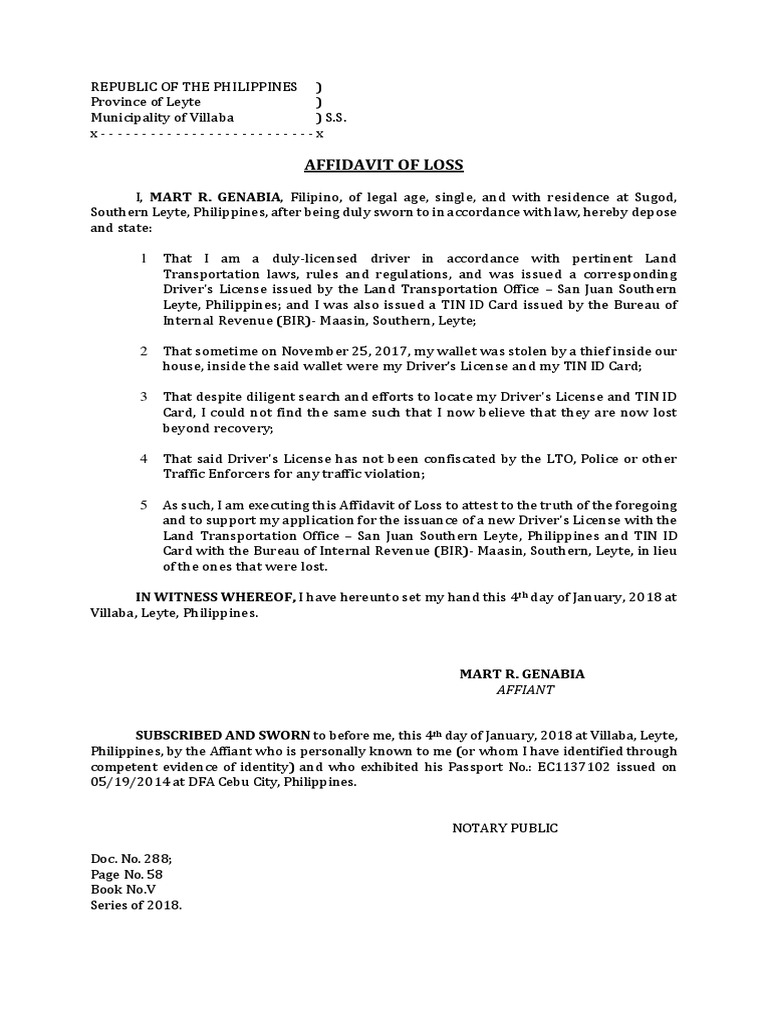 Affidavit of Loss-TIN Id Card | PDF