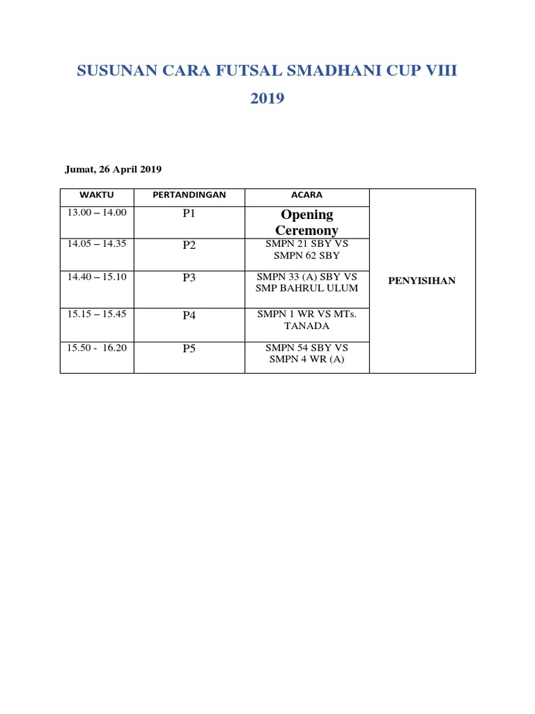 Susunan Acara Futsal Smadhani Cup Viii 2019 | PDF