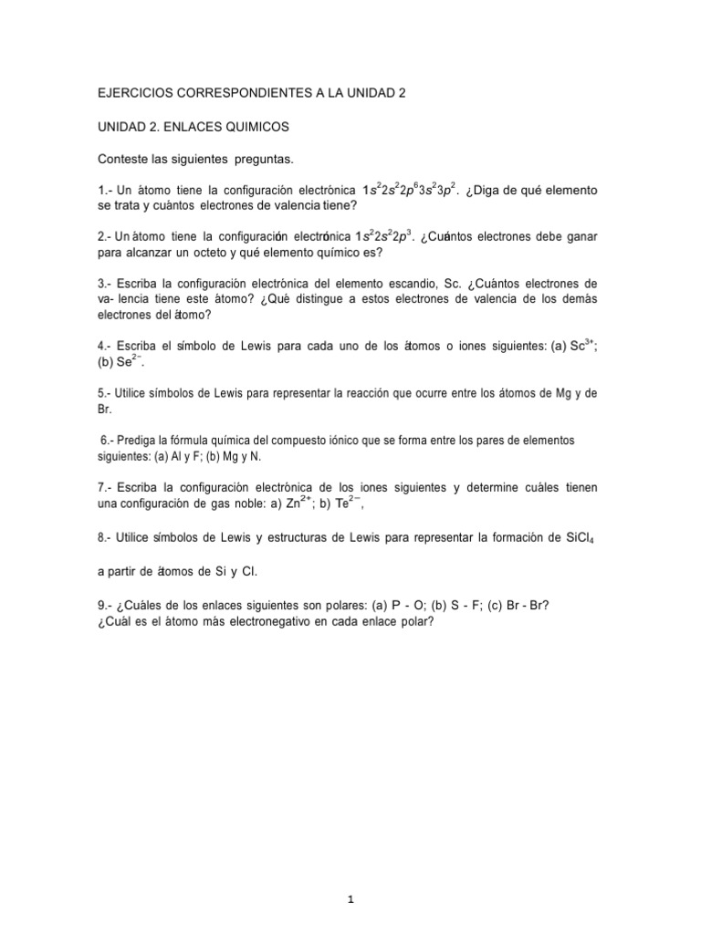 Ejercicios1 Unidad 2 Quimica | PDF | Enlace químico | Química