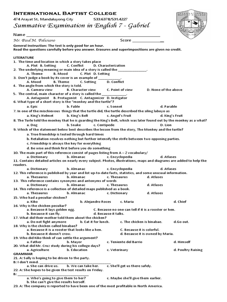 English 7 Summative Exam Questions | PDF | Object (Grammar) | Predicate ...