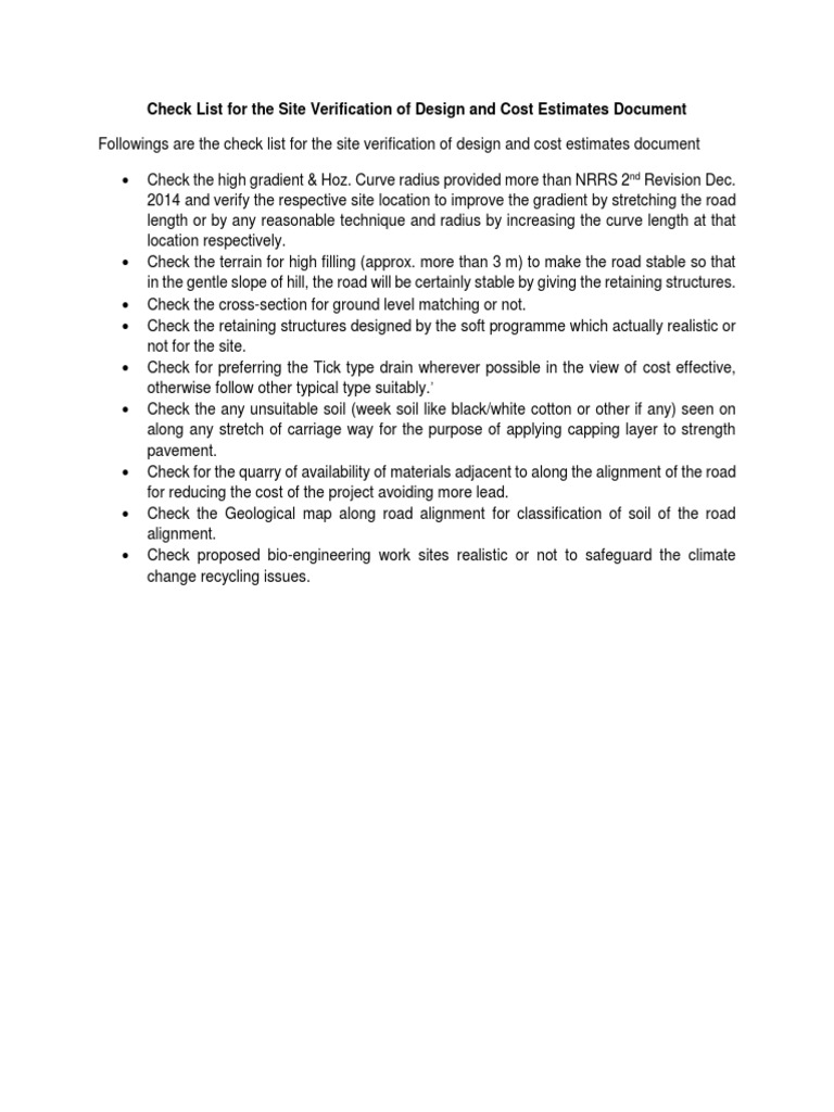 Check List For The Site Verification of Design and Cost Estimates ...