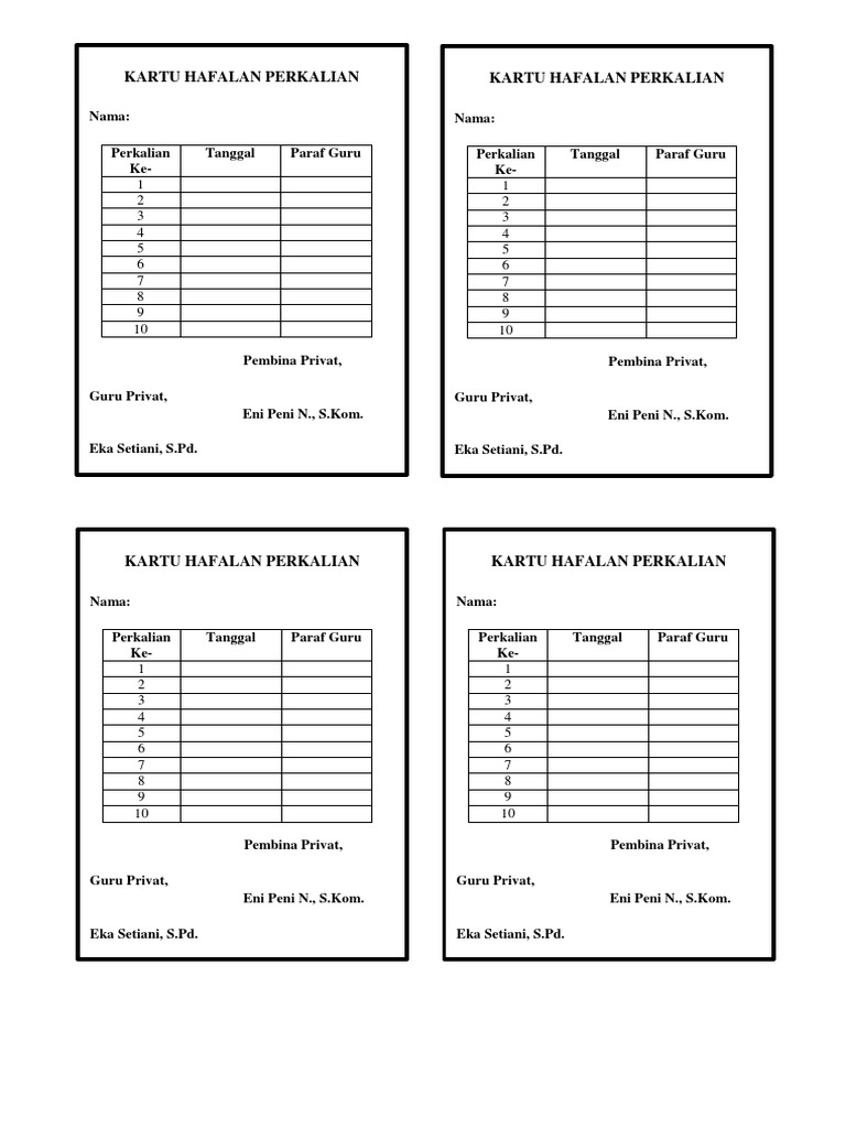Kartu Hafalan Perkalian | PDF