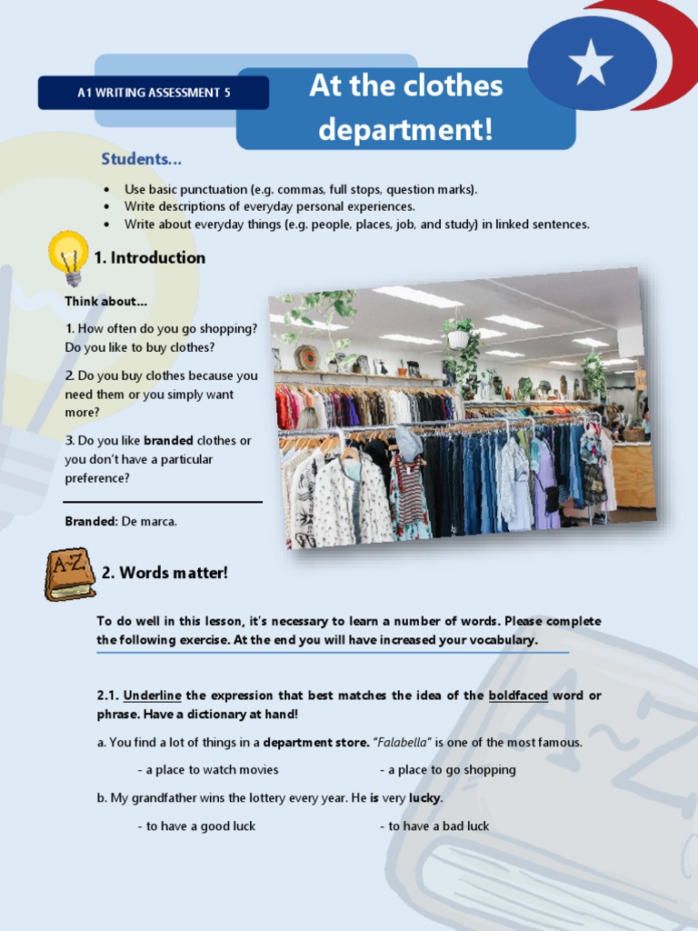 Shopping for Clothes: A1 Writing Guide | PDF | Punctuation ...