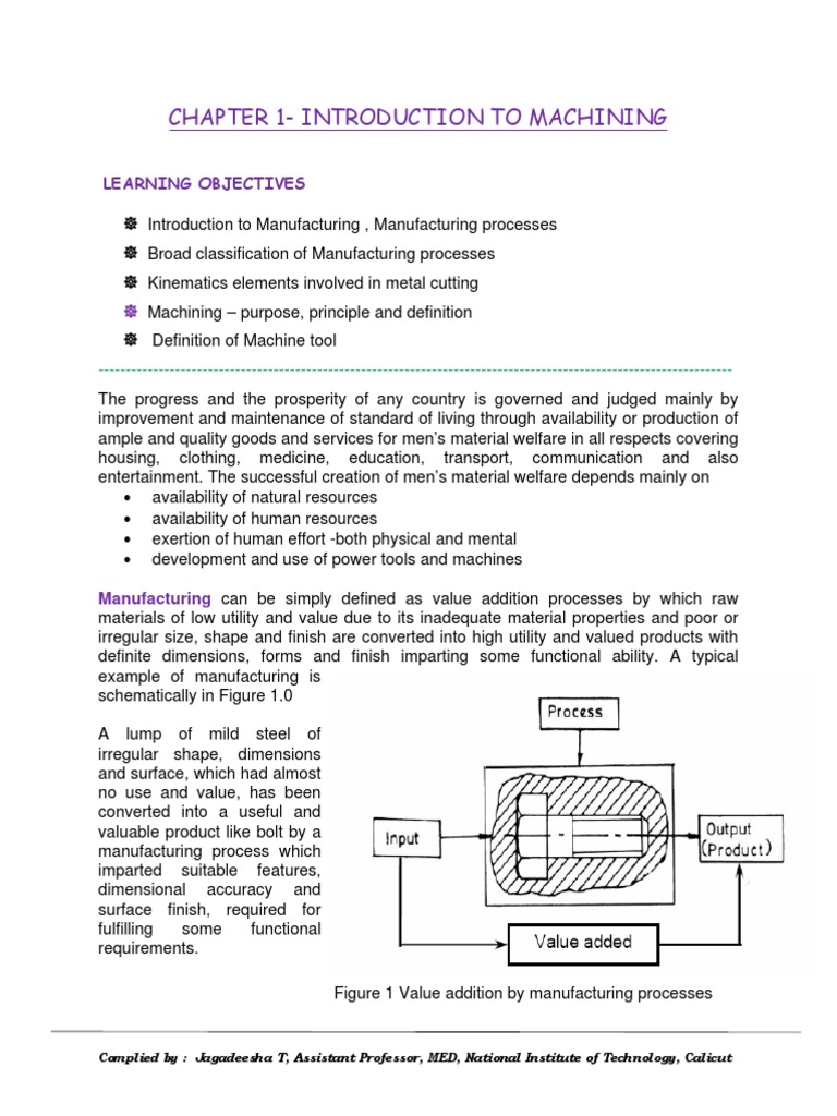 Chapter 1-Introduction To Machining: Learning Objectives | PDF ...