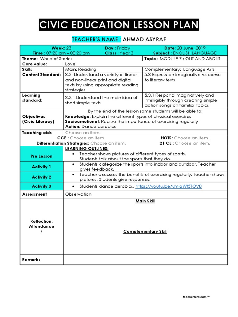 Civic Education Lesson Plan: Teacher'S Name: Ahmad Asyraf | PDF ...