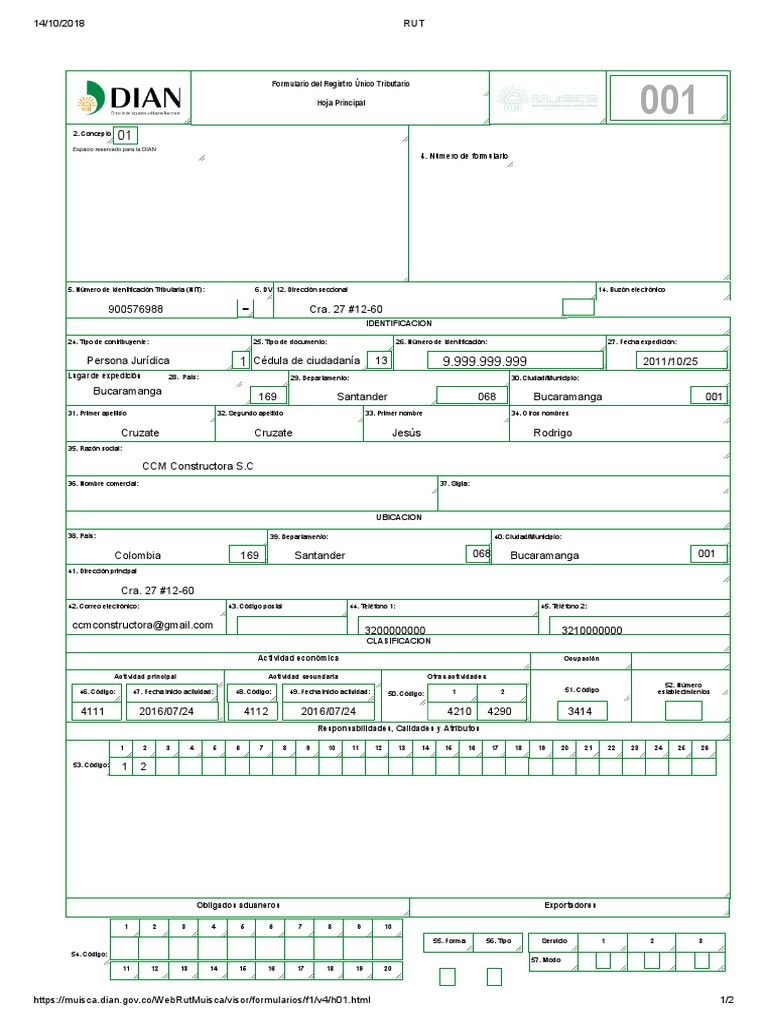 Número de Formulario: Formulario Del Registro Único Tributario Hoja ...