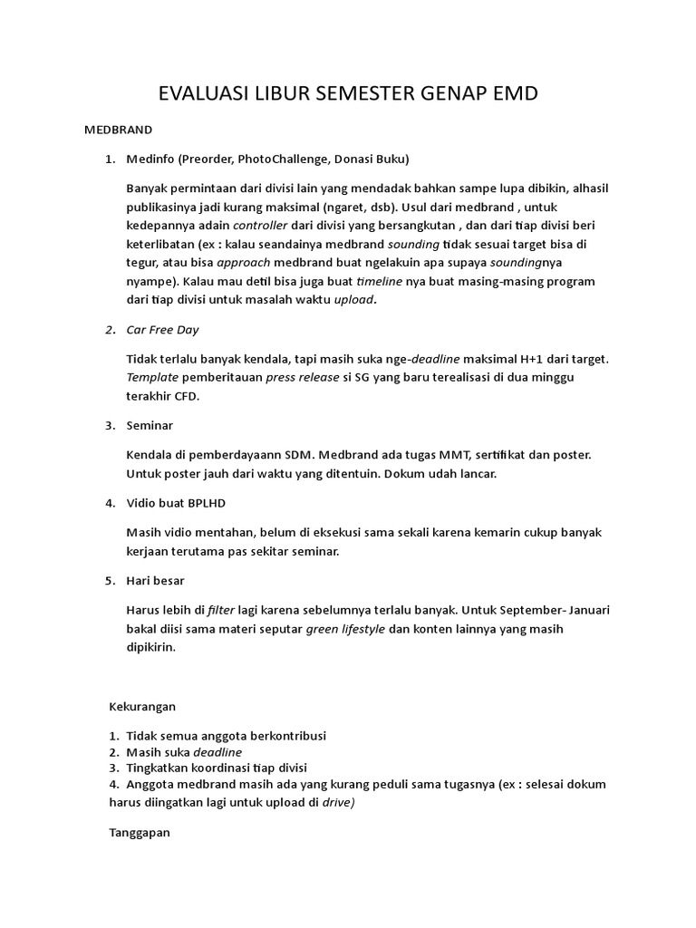 Evaluasi Libur Semester Genap Emd | PDF