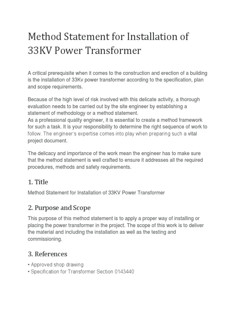 Method Statement For 33KV Switchgear Testing and Commissioning | PDF ...