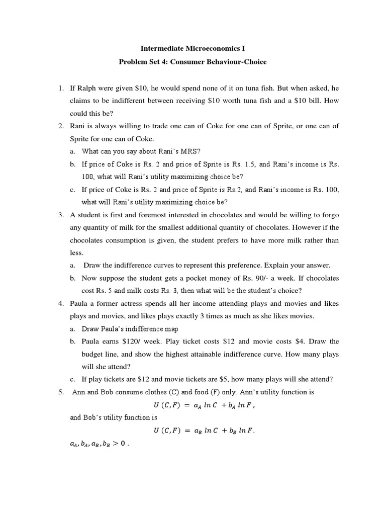 Economics Problem Set Pdf Utility Consumers