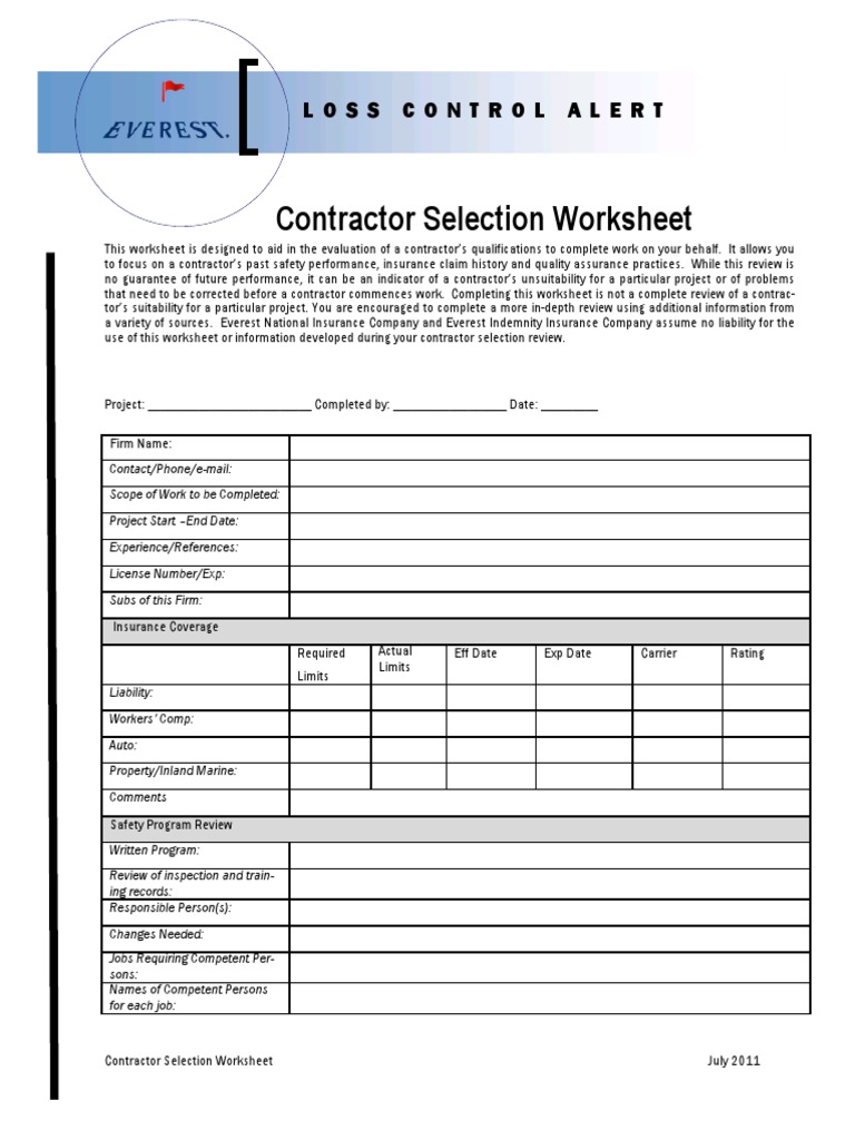Contractor Selection Worksheet: Loss Control Alert | PDF | General ...