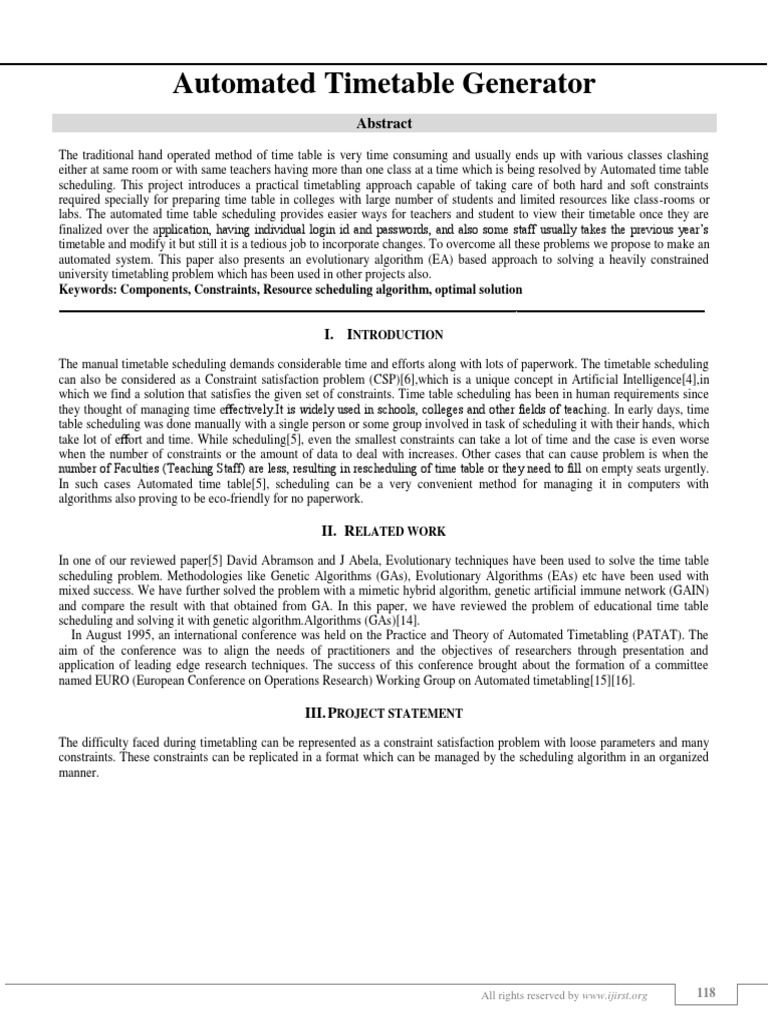 Automated Timetable Generator: Keywords: Components, Constraints, Resource Scheduling Algorithm ...